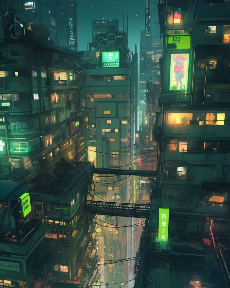 Top View of the Cyberpunk Green Neon Cityscapes