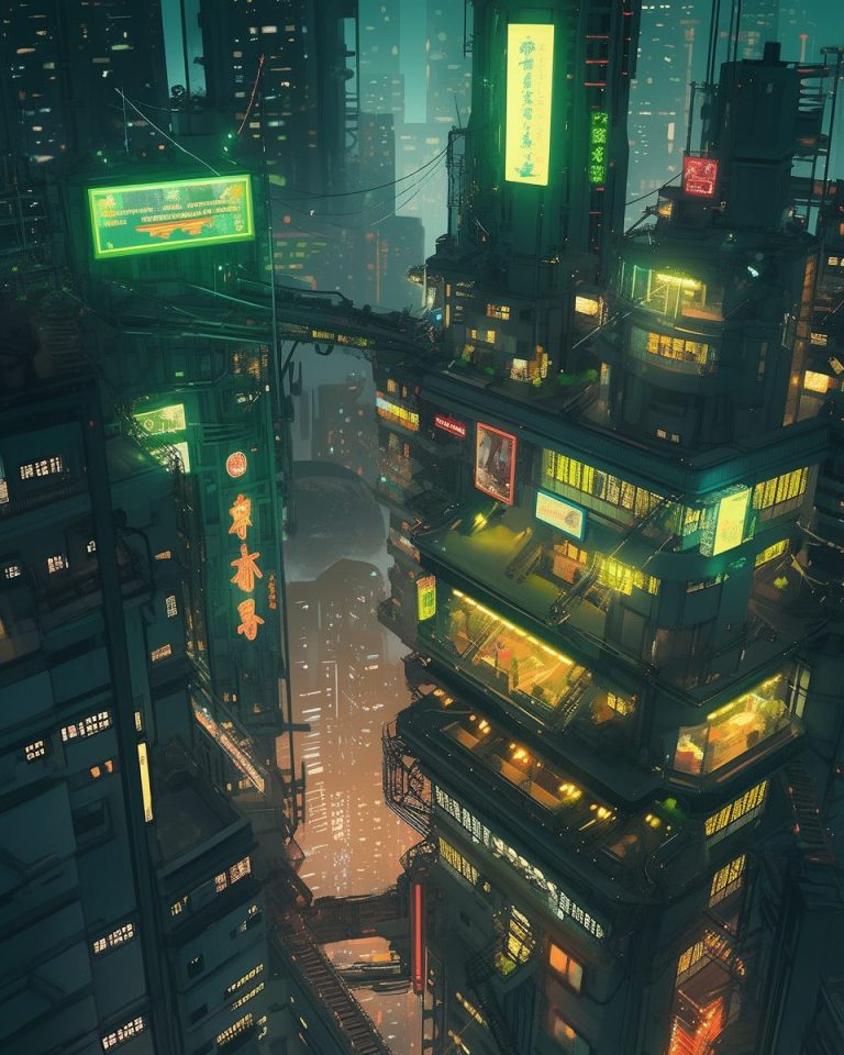 Top View of the Cyberpunk Green Neon Cityscapes