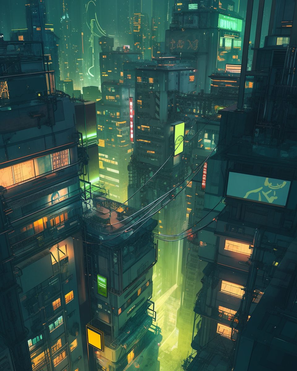 Top View of the Cyberpunk Green Neon Cityscapes