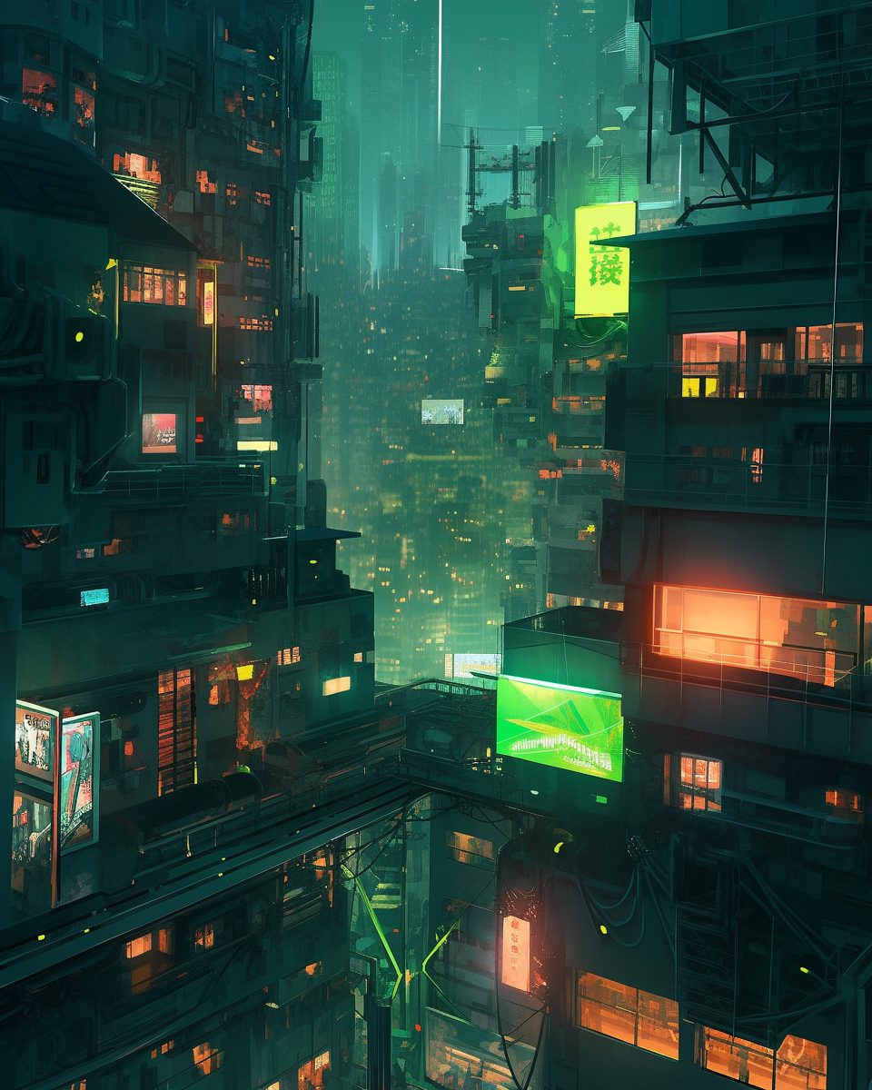 Top View of the Cyberpunk Green Neon Cityscapes