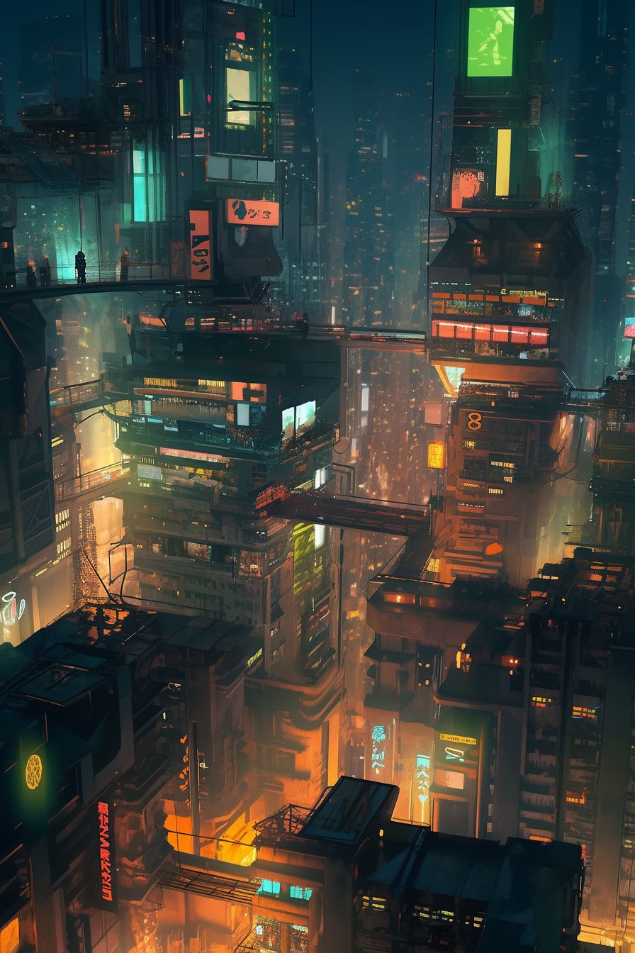 Top View of the Cyberpunk Green Neon Cityscapes