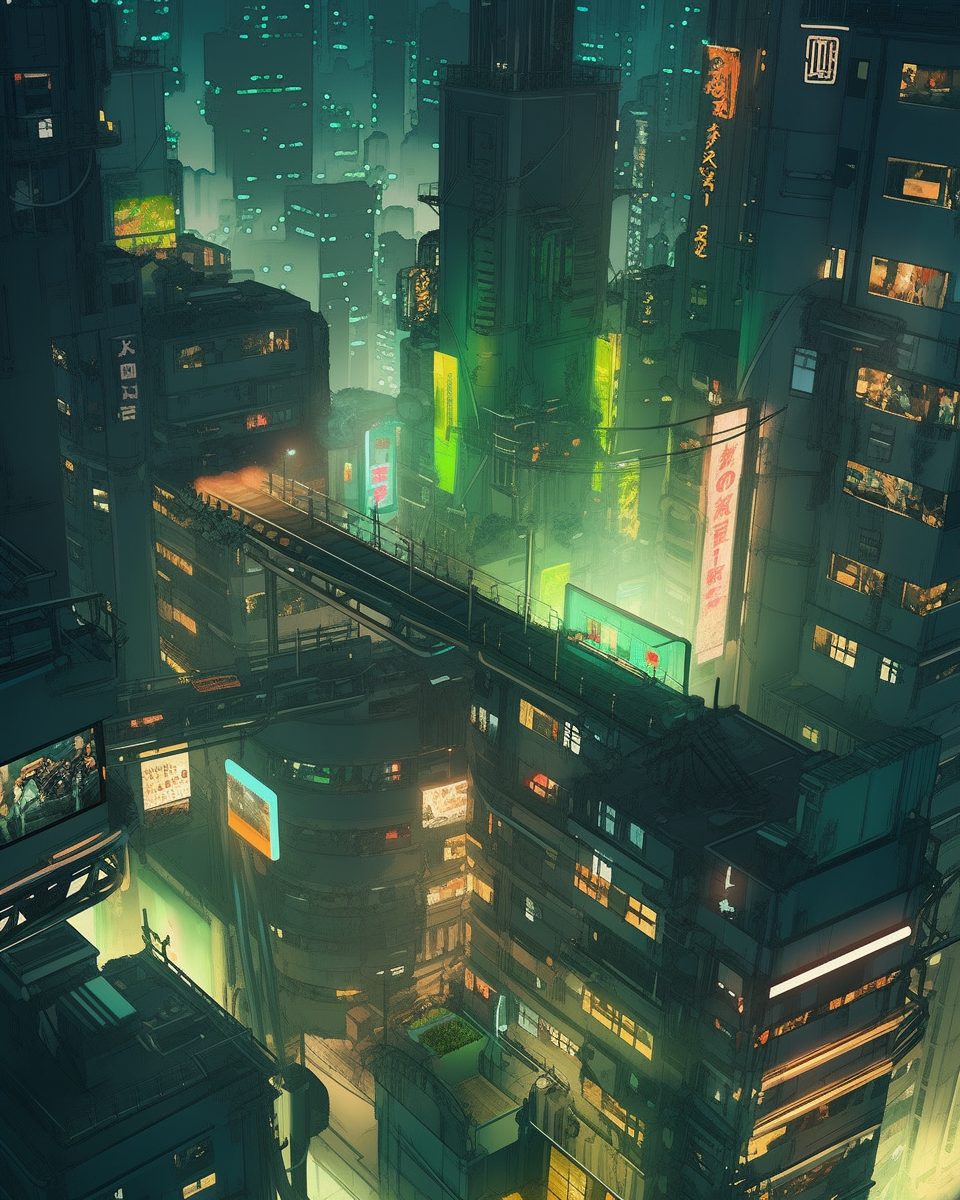 Top View of the Cyberpunk Green Neon Cityscapes