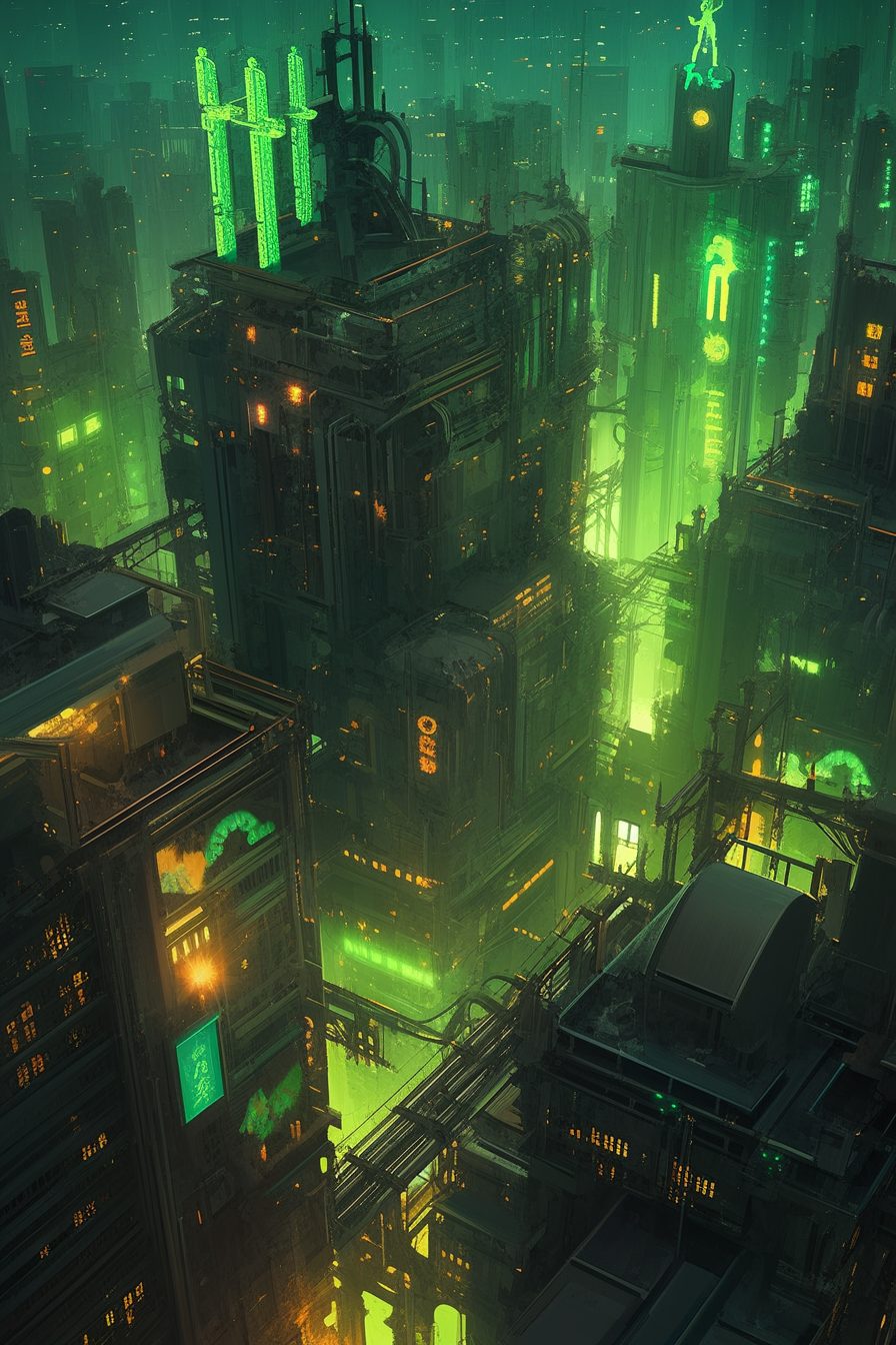 Top View of the Cyberpunk Green Neon Cityscapes