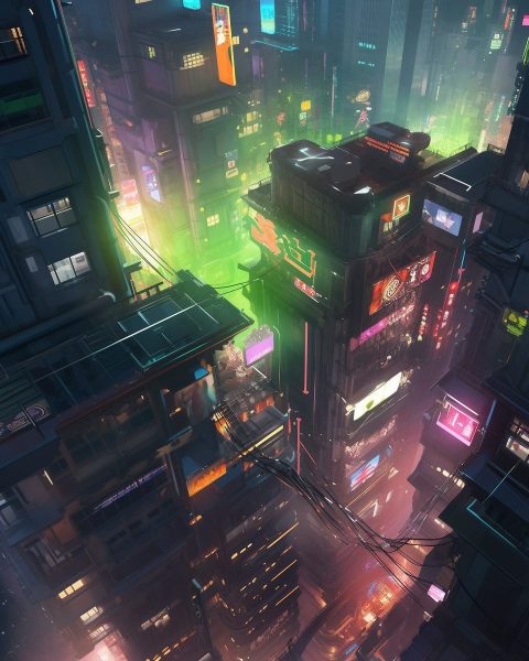 Top View of the Cyberpunk Green Neon Cityscapes