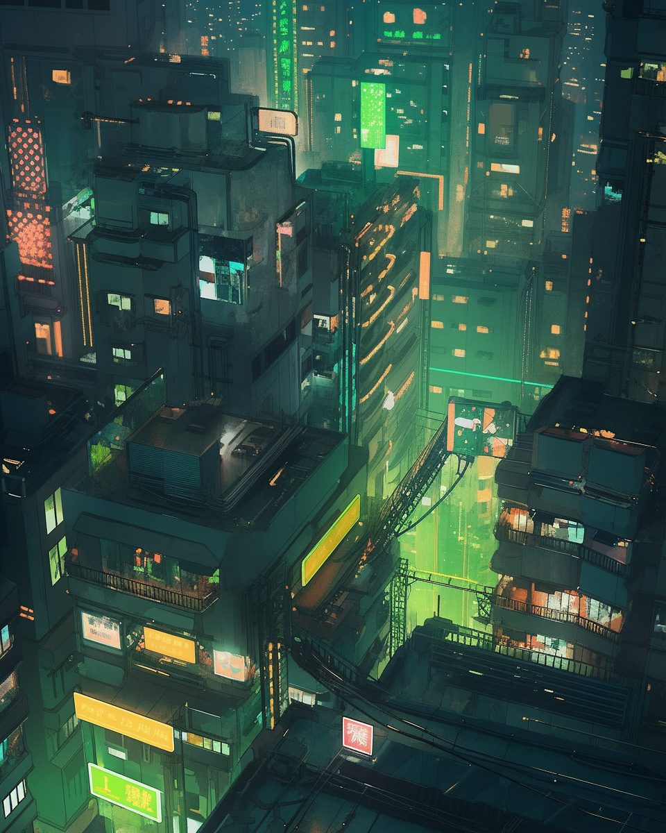 Top View of the Cyberpunk Green Neon Cityscapes