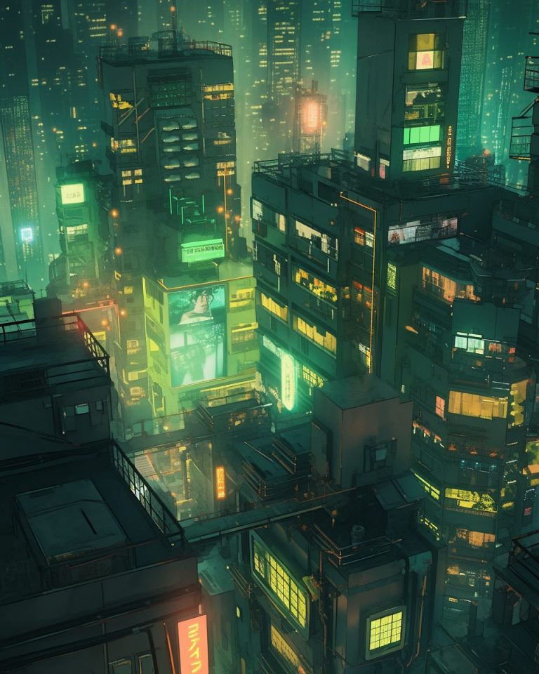 Top View of the Cyberpunk Green Neon Cityscapes