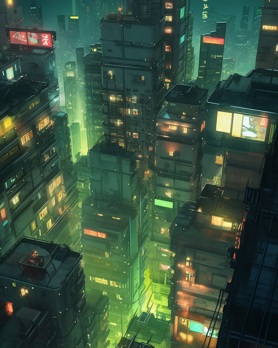 Top View of the Cyberpunk Green Neon Cityscapes