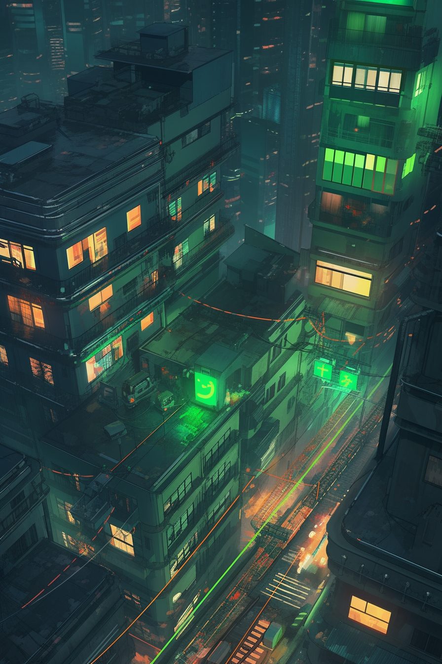 Top View of the Cyberpunk Green Neon Cityscapes