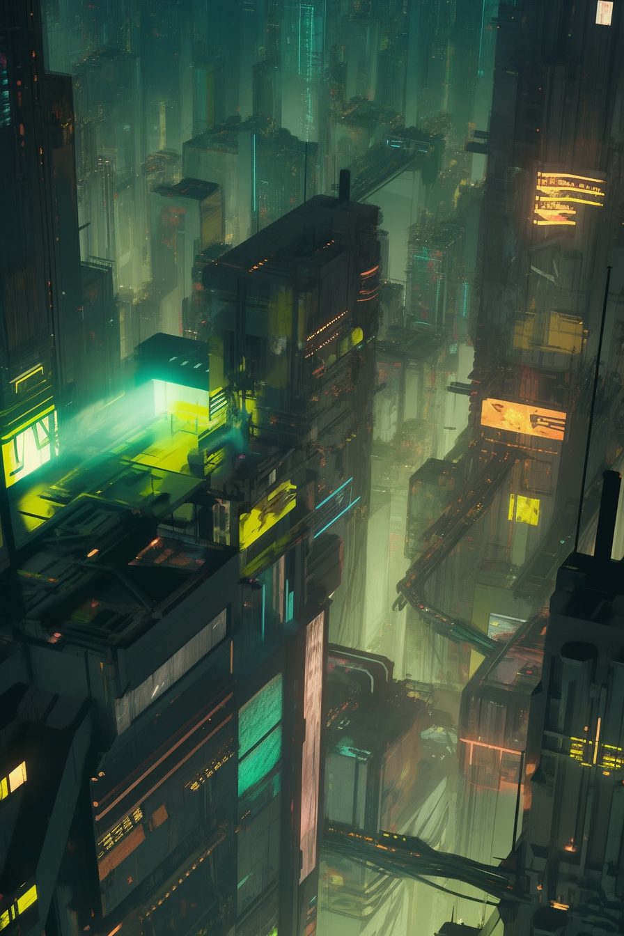 Top View of the Cyberpunk Green Neon Cityscapes