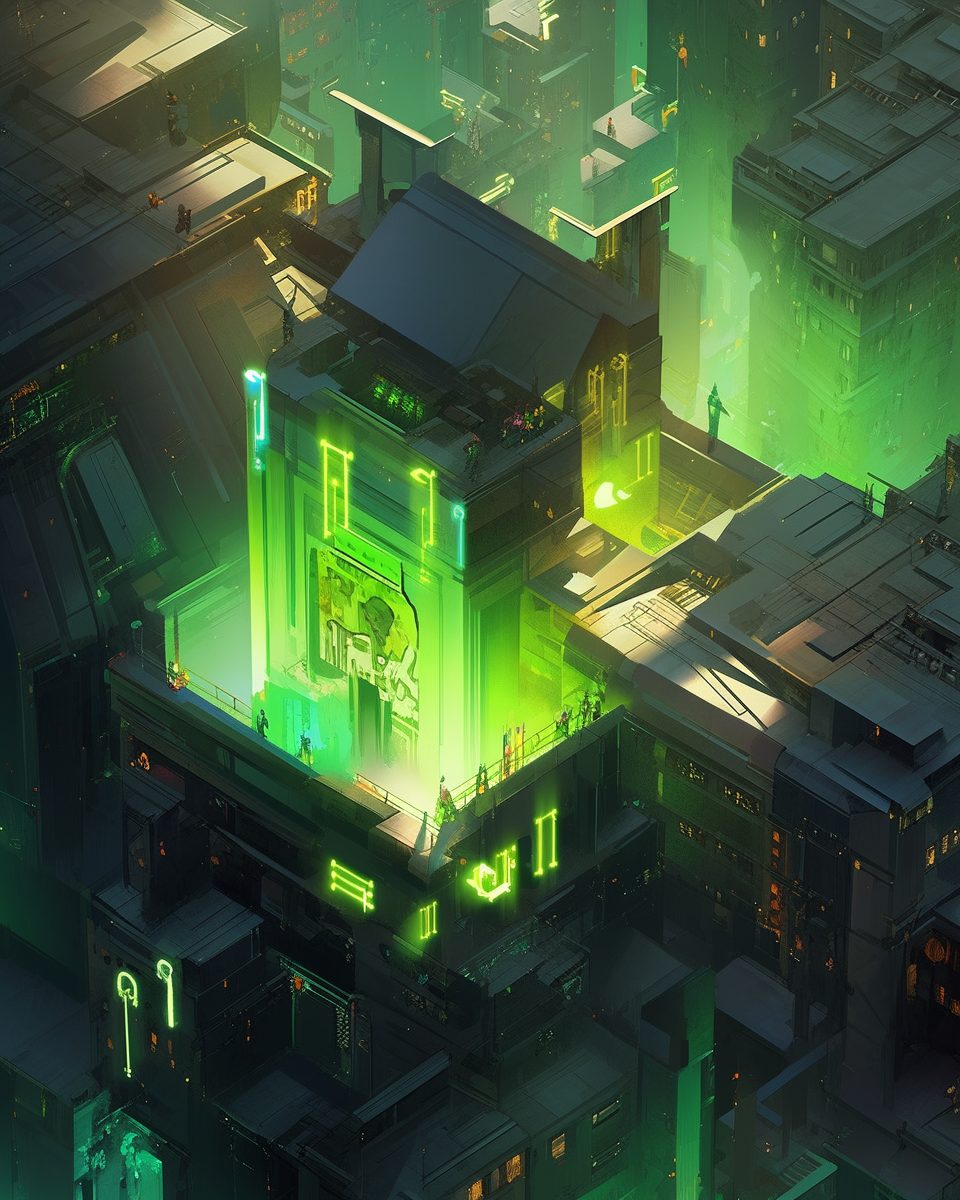 Top View of the Cyberpunk Green Neon Cityscapes