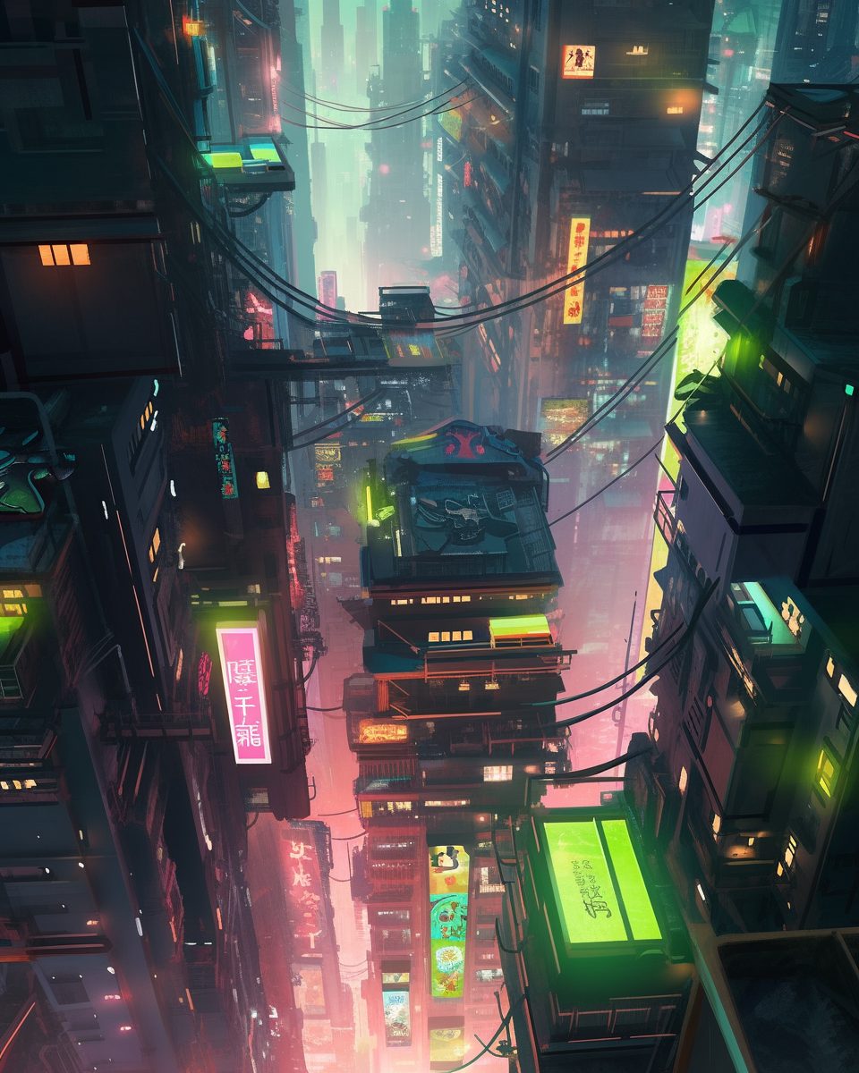 Top View of the Cyberpunk Green Neon Cityscapes