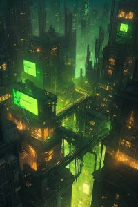 Top View of the Cyberpunk Green Neon Cityscapes