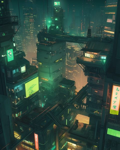 Top View of the Cyberpunk Green Neon Cityscapes