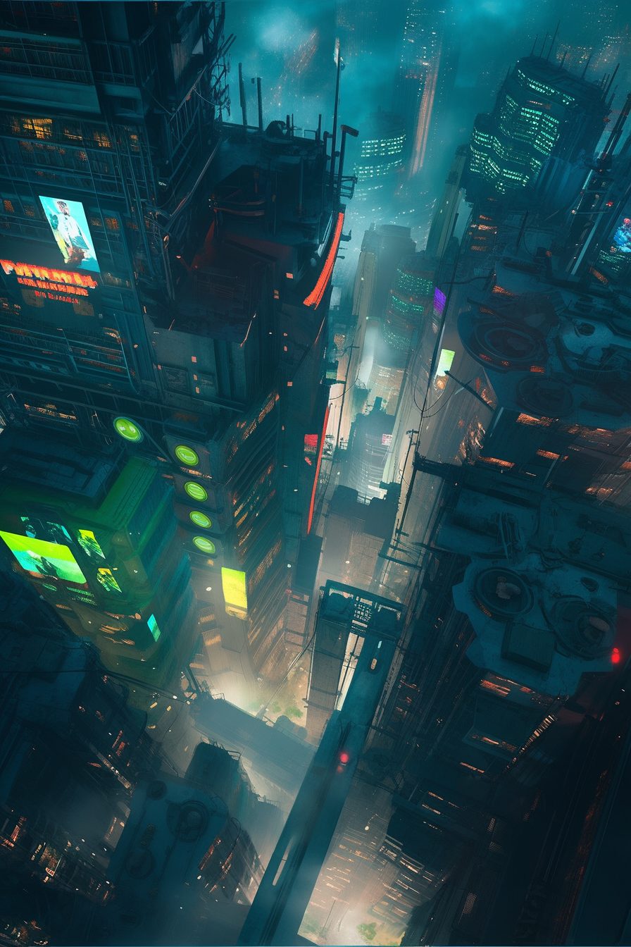 Top View of the Cyberpunk Green Neon Cityscapes