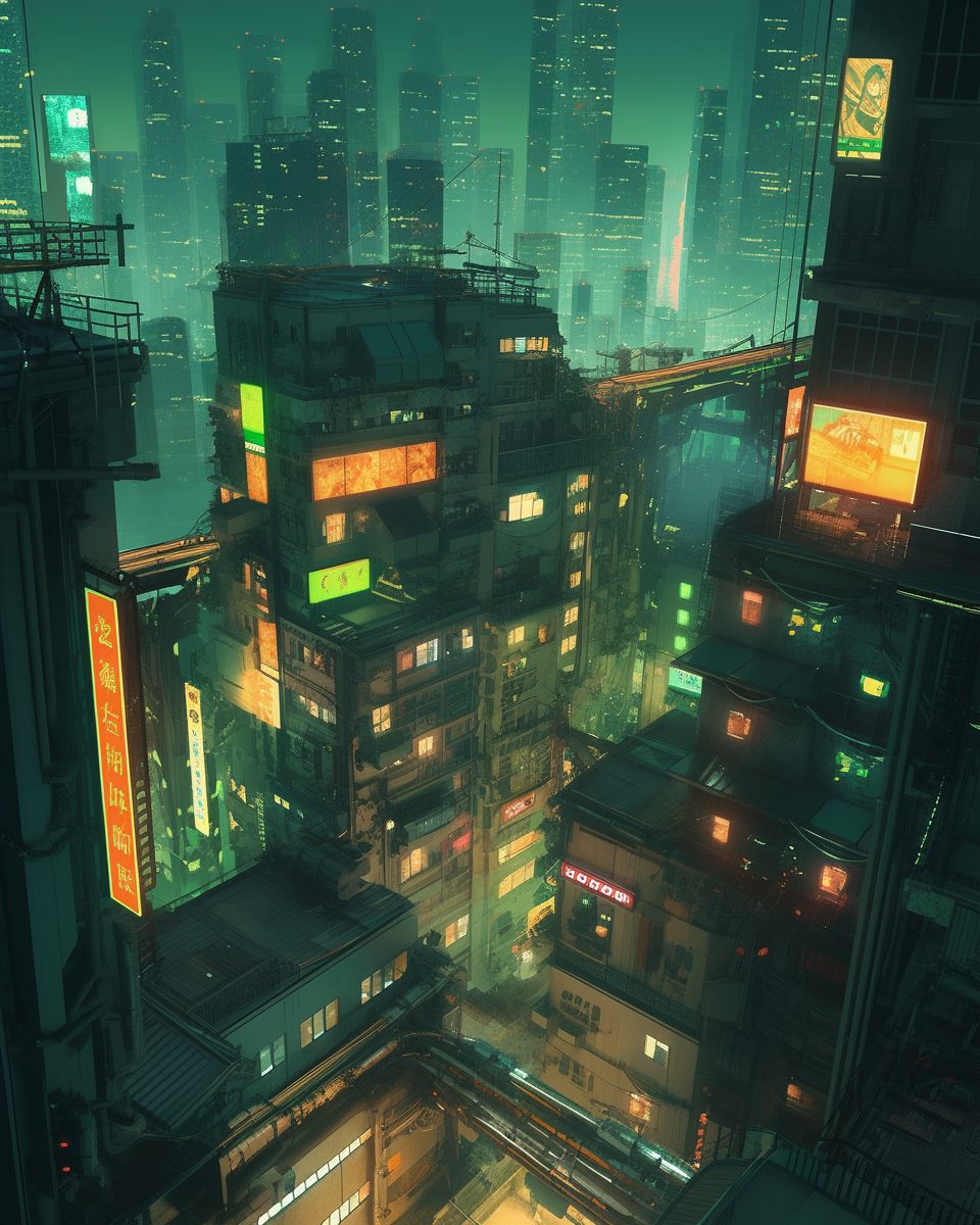 Top View of the Cyberpunk Green Neon Cityscapes