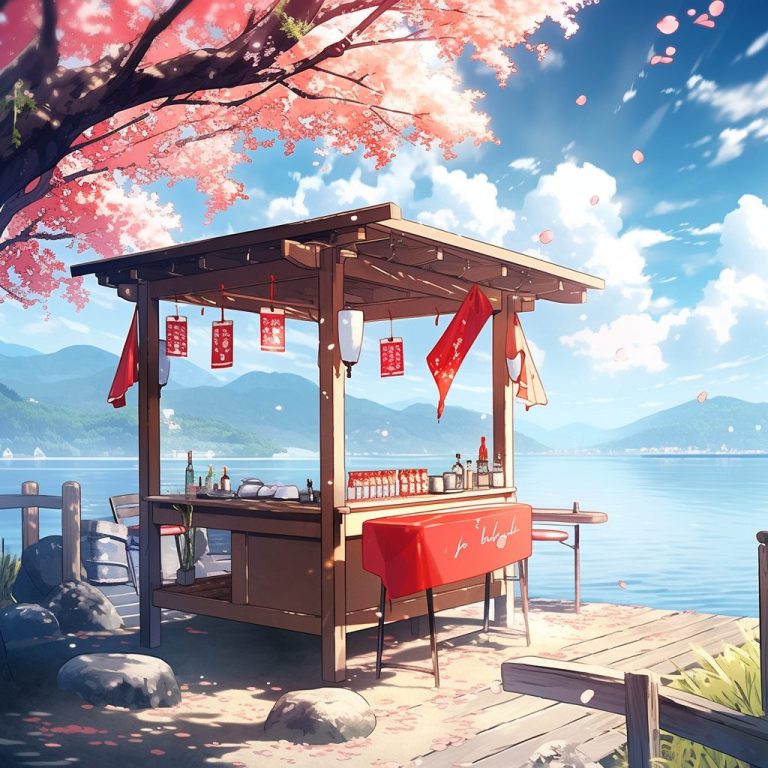Traditional Japanese-Style Food Stall by the Lake