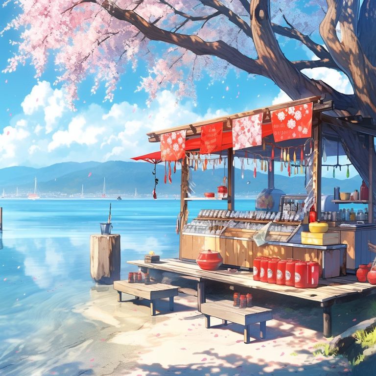 Traditional Japanese-Style Food Stall by the Lake