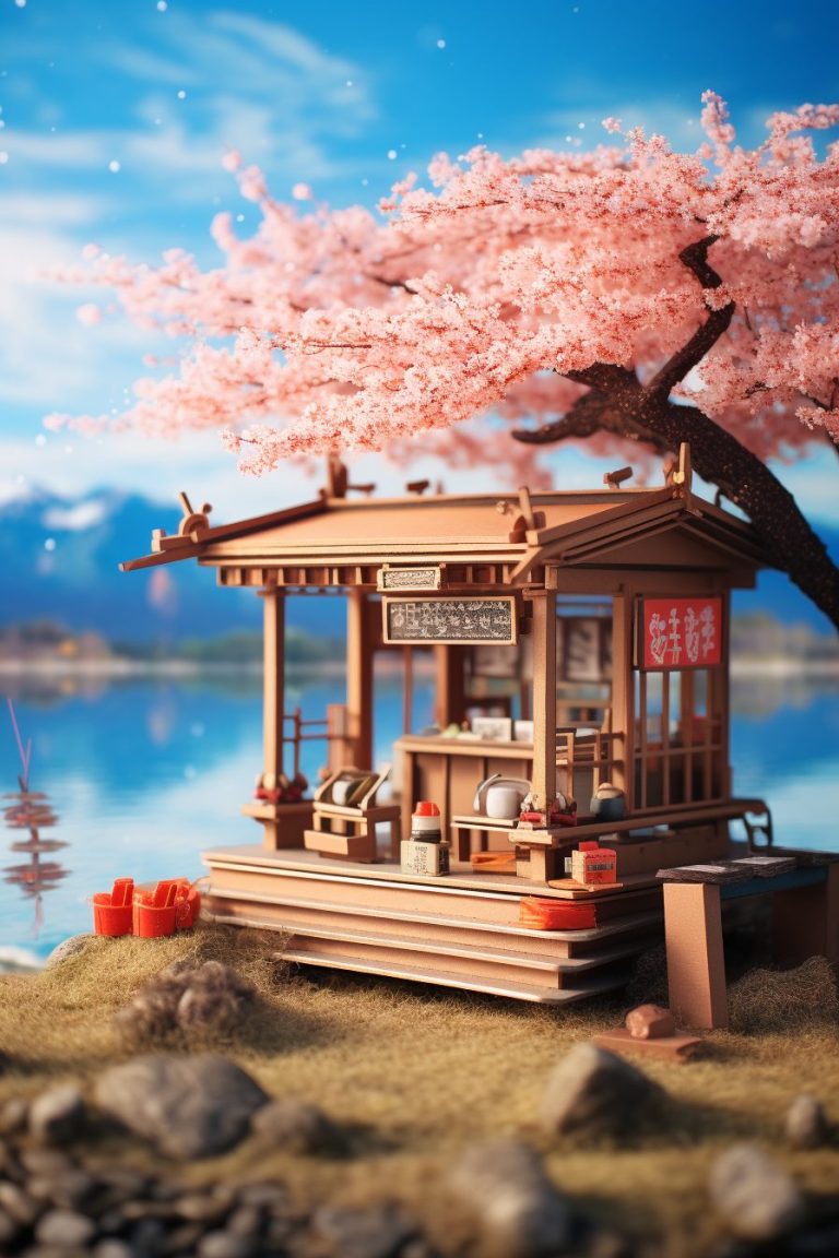Traditional Japanese-Style Food Stall by the Lake