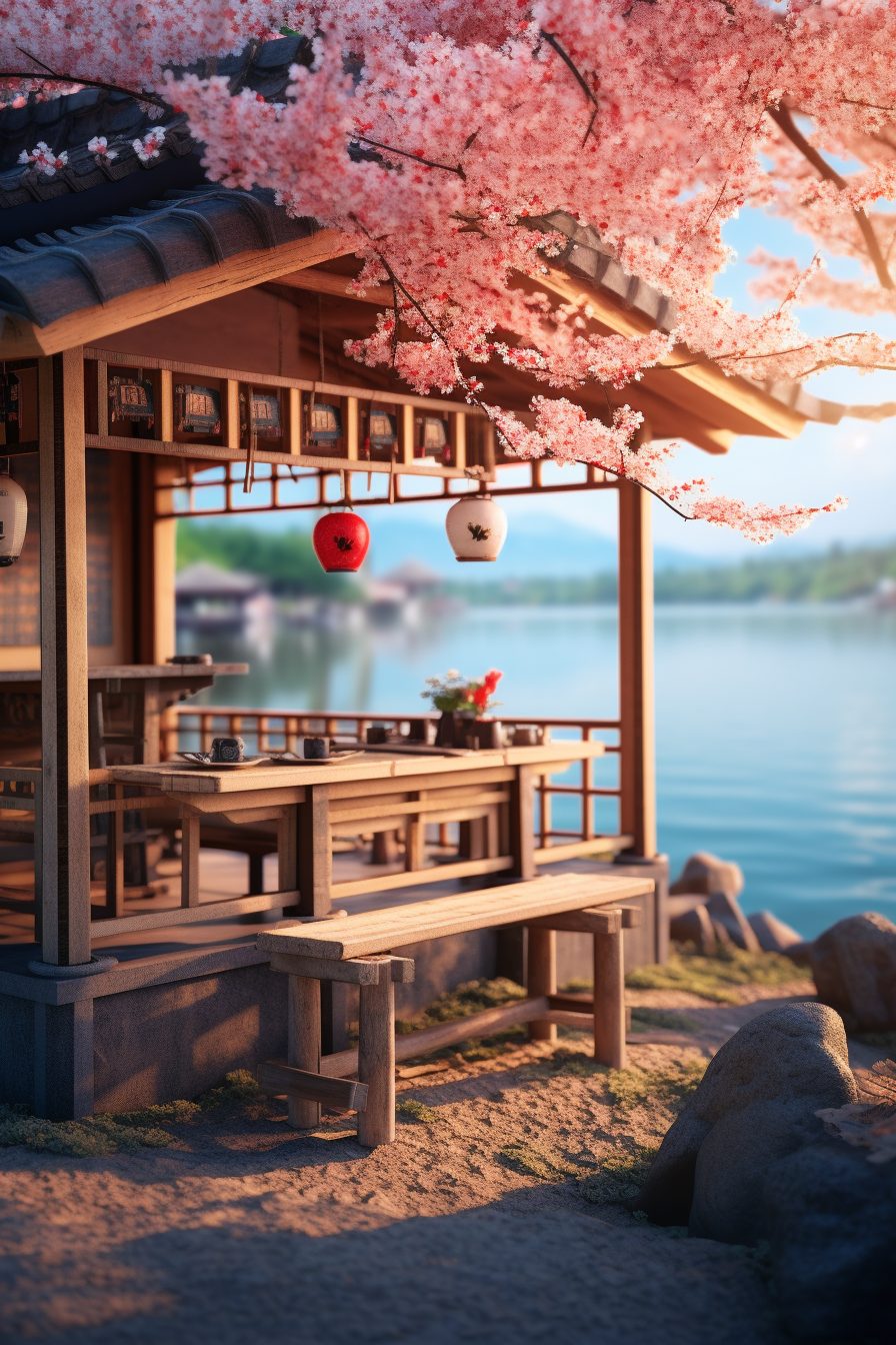 Traditional Japanese-Style Food Stall by the Lake