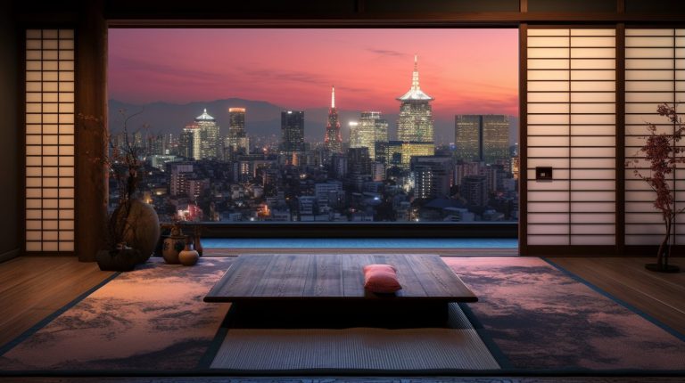 Traditional Japanese Tatami Apartment Interior with a Cityscape View