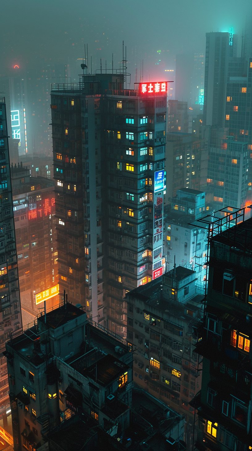 Apartment Buildings in Hong Kong with Neon Signs