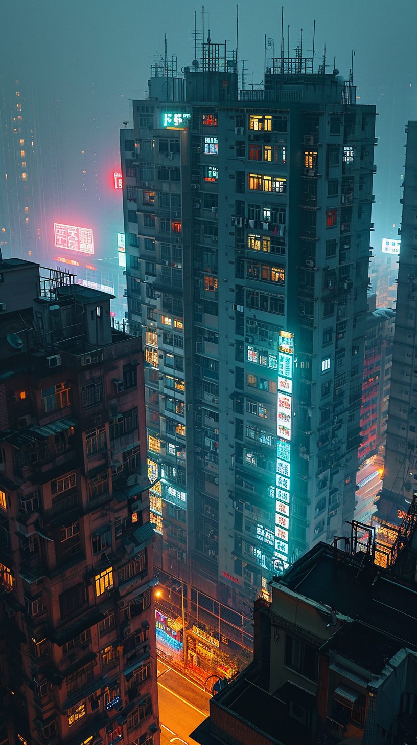 Apartment Buildings in Hong Kong with Neon Signs