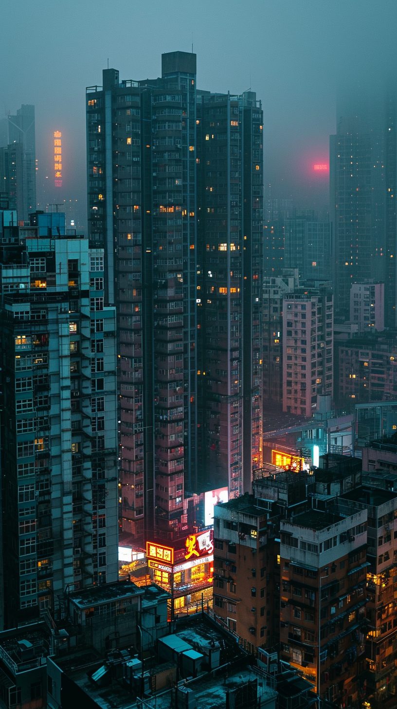 Apartment Buildings in Hong Kong with Neon Signs