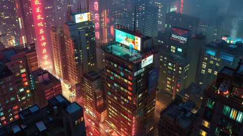 Apartment Buildings in Hong Kong with Neon Signs