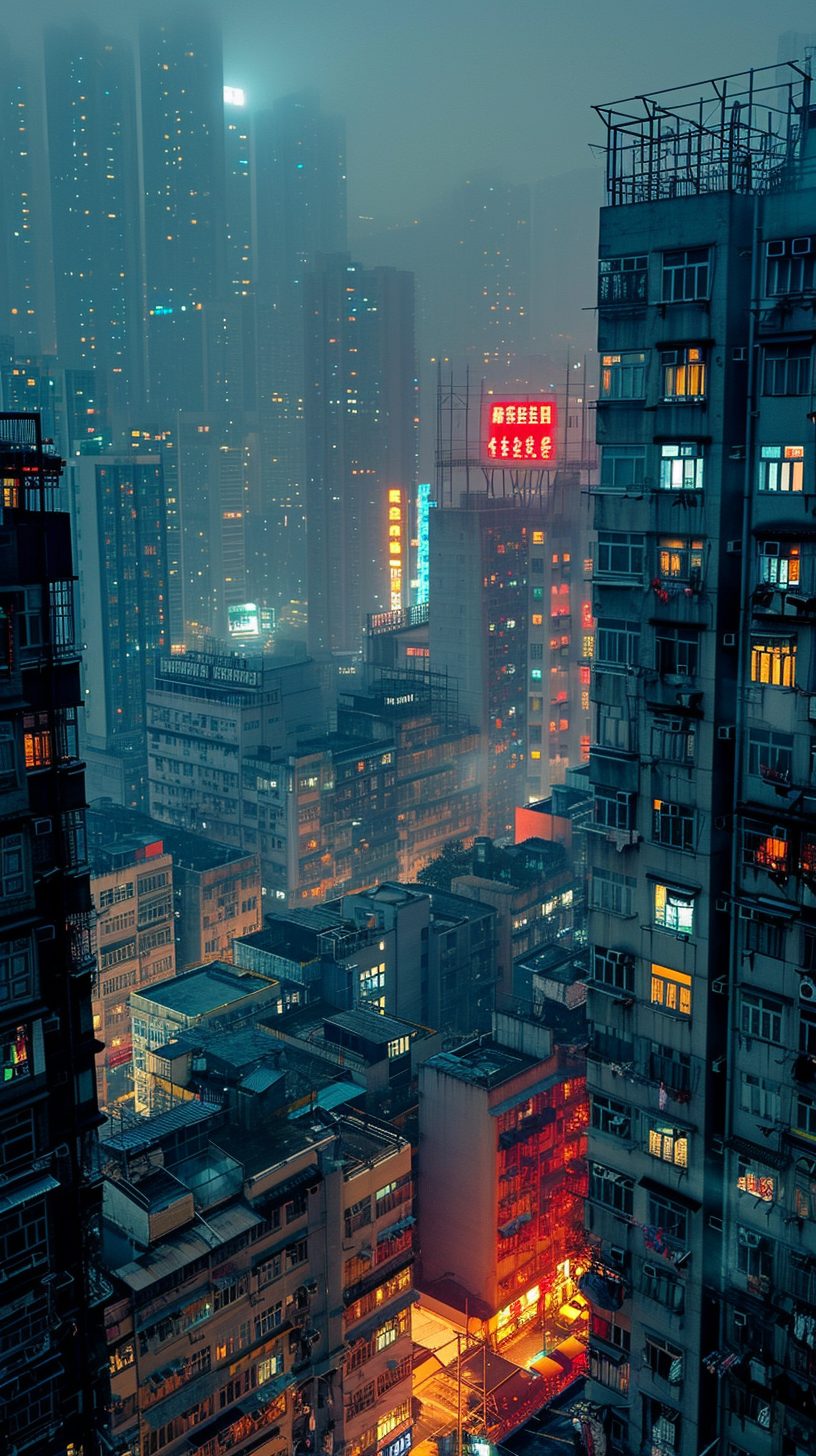 Apartment Buildings in Hong Kong with Neon Signs