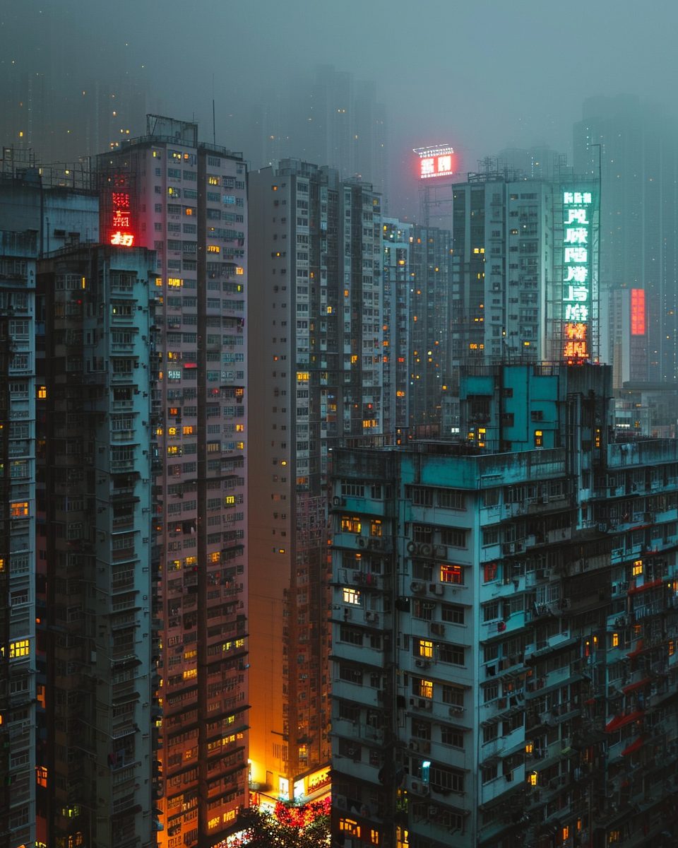 Apartment Buildings in Hong Kong with Neon Signs
