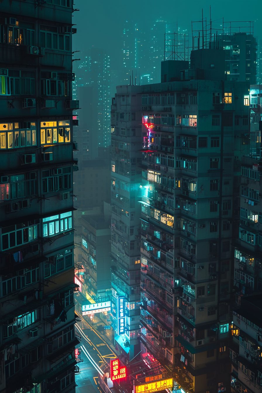 Apartment Buildings in Hong Kong with Neon Signs