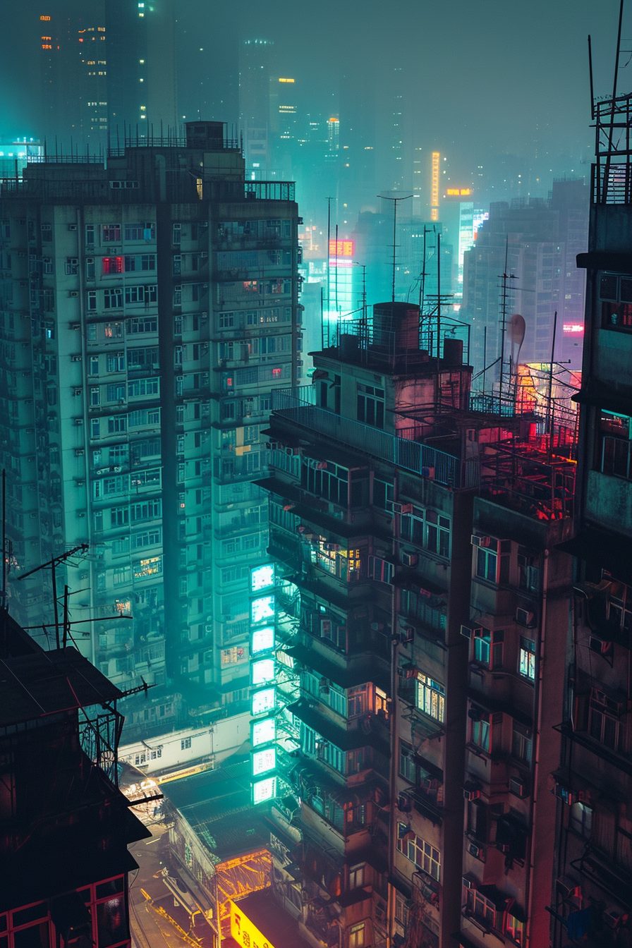 Apartment Buildings in Hong Kong with Neon Signs