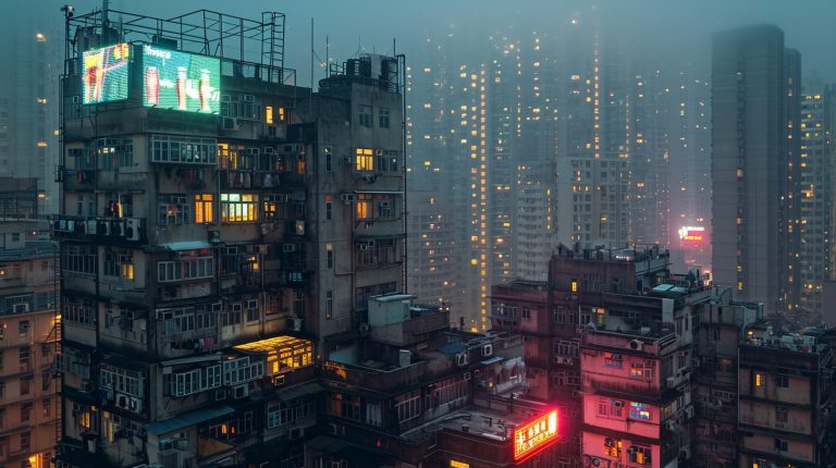 Apartment Buildings in Hong Kong with Neon Signs