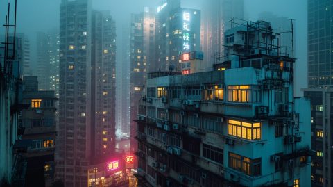 Apartment Buildings in Hong Kong with Neon Signs