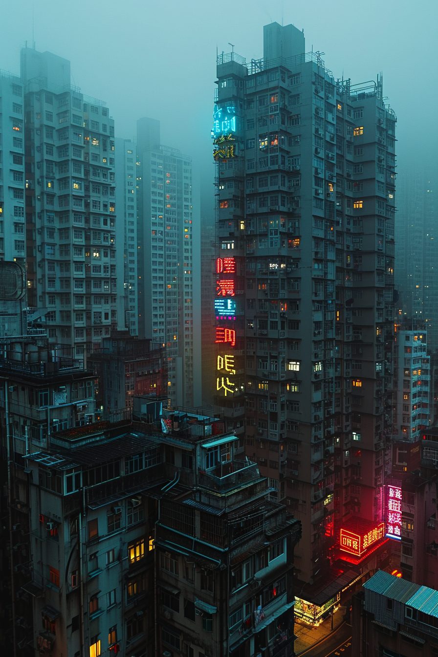 Apartment Buildings in Hong Kong with Neon Signs