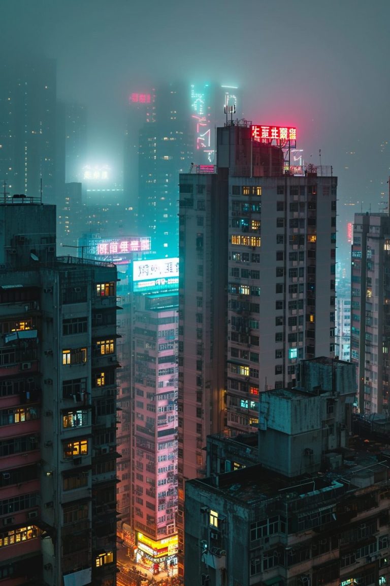 Apartment Buildings in Hong Kong with Neon Signs