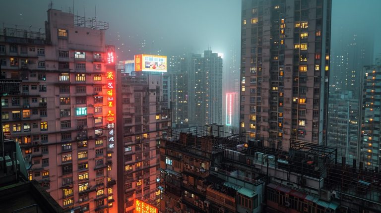 Apartment Buildings in Hong Kong with Neon Signs