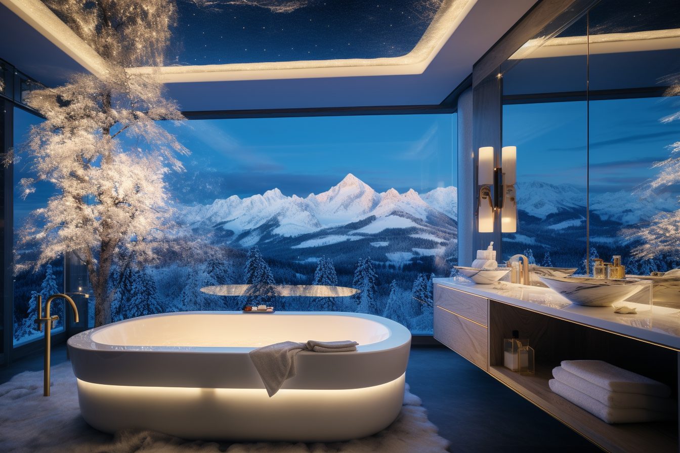 Bathrooms with Gold Accents and a Snow-Covered Landscape View