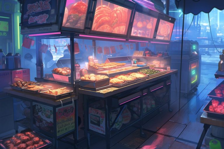 Cyberpunk City Street Food Stalls