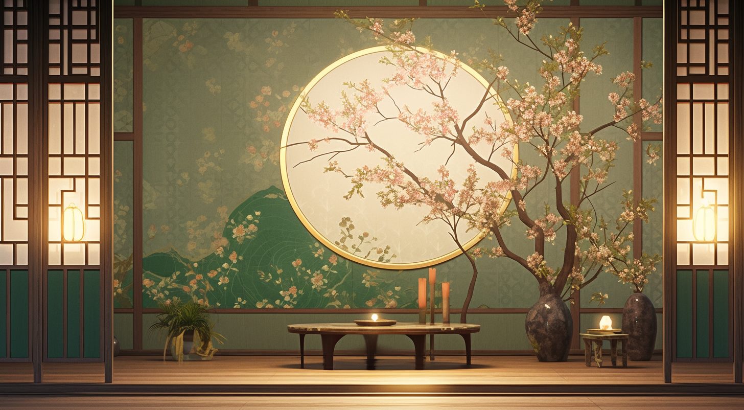 Oriental-Style Home Interior with Herringbone Accent Wall Design