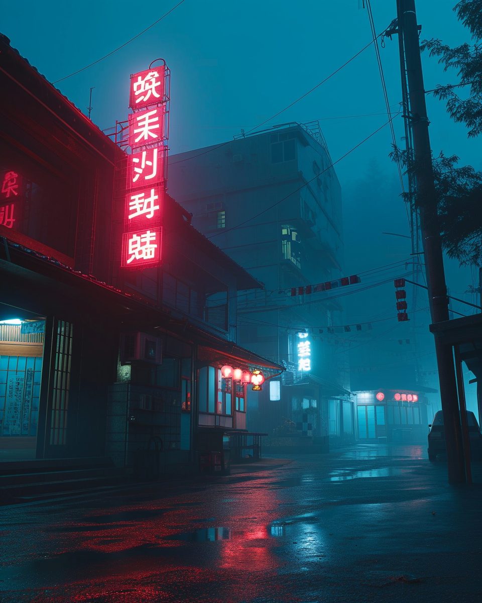 The Rural Houses in Japan with Neon Lights