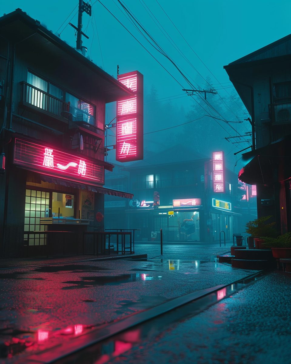 The Rural Houses in Japan with Neon Lights