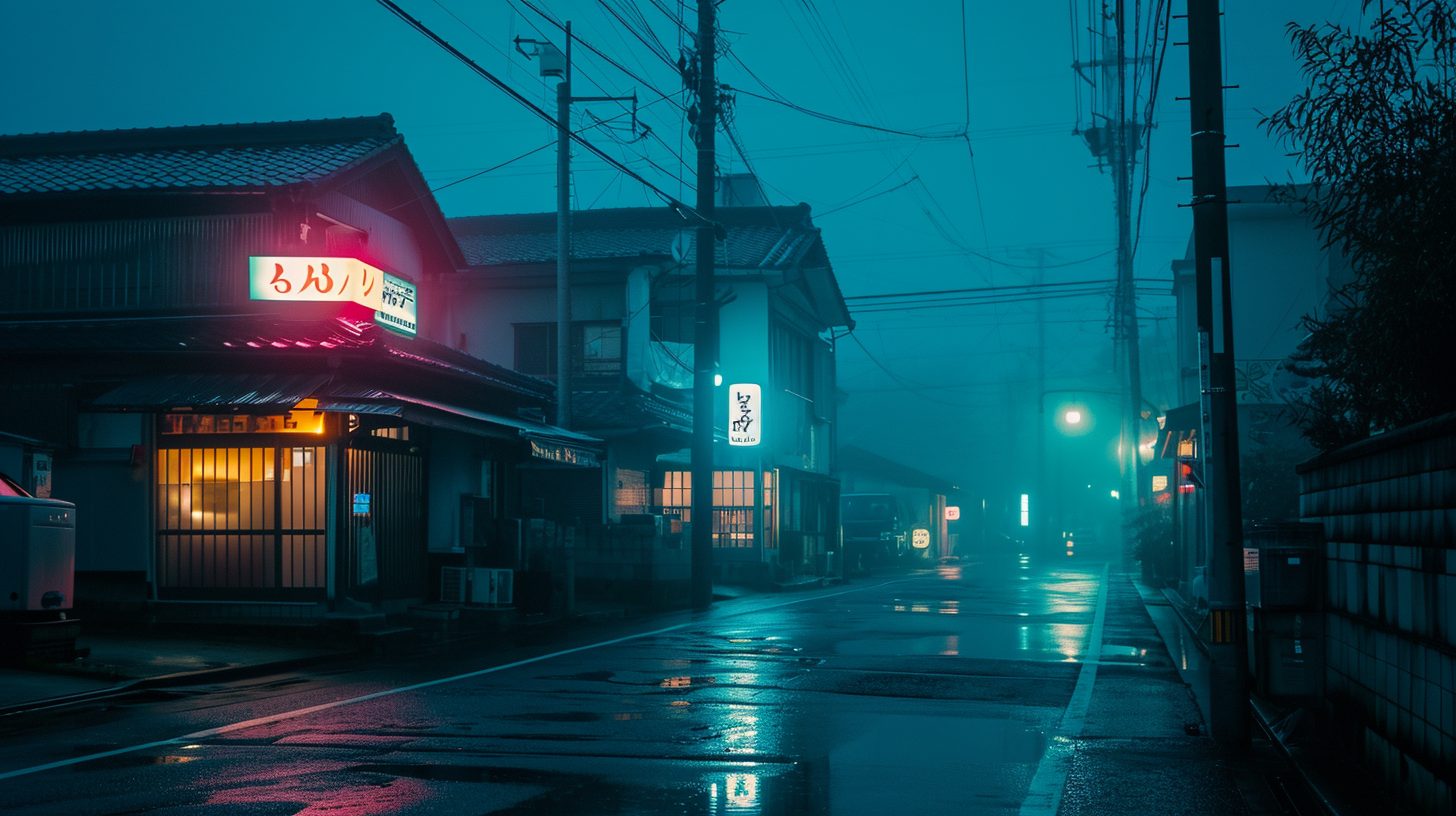 The Rural Houses in Japan with Neon Lights