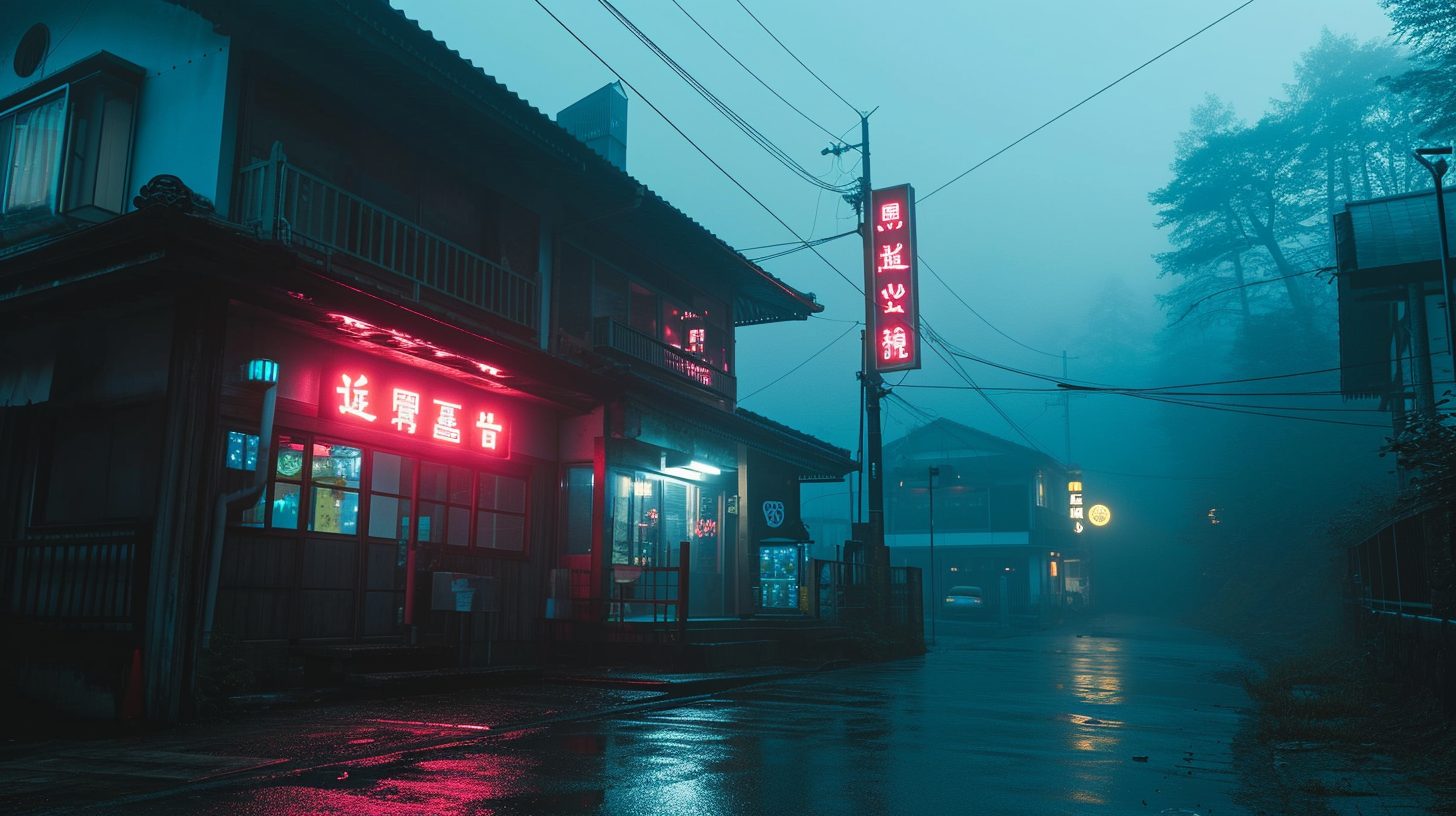 The Rural Houses in Japan with Neon Lights