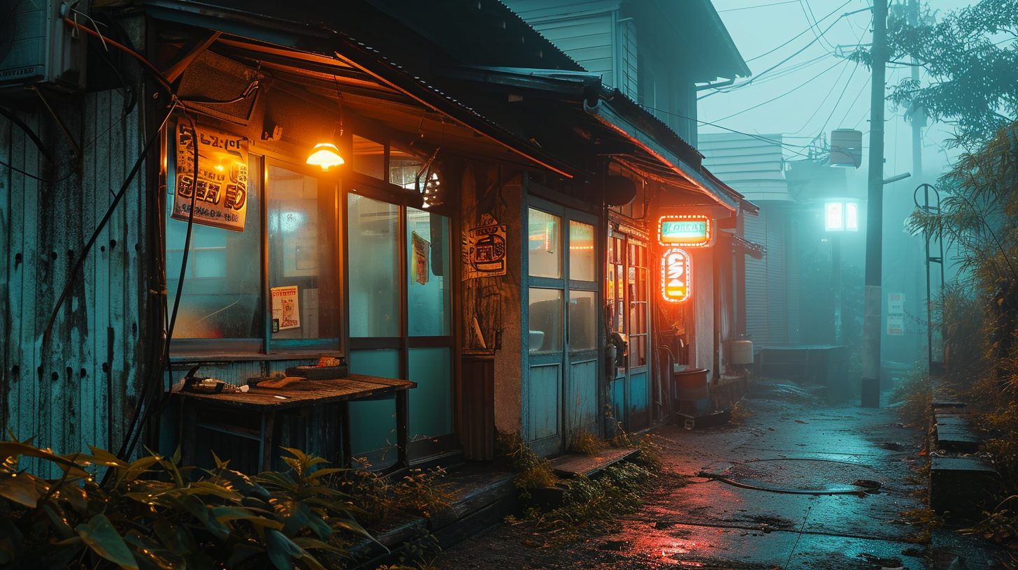 The Rural Houses in Japan with Neon Lights
