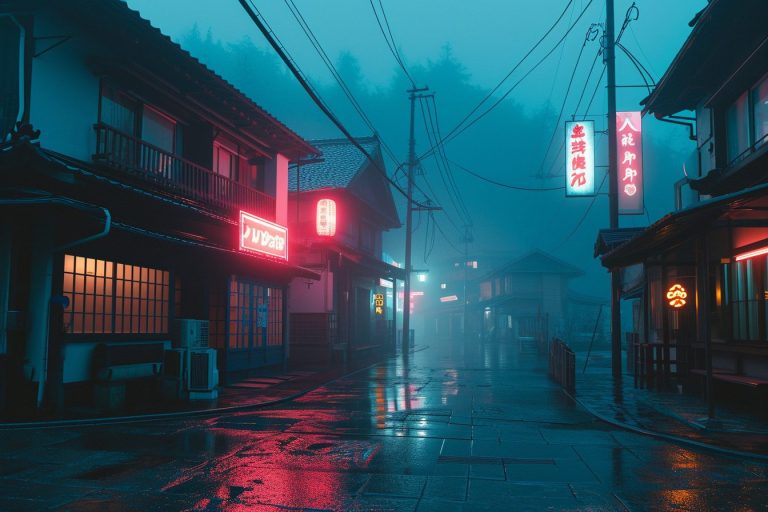 The Rural Houses in Japan with Neon Lights