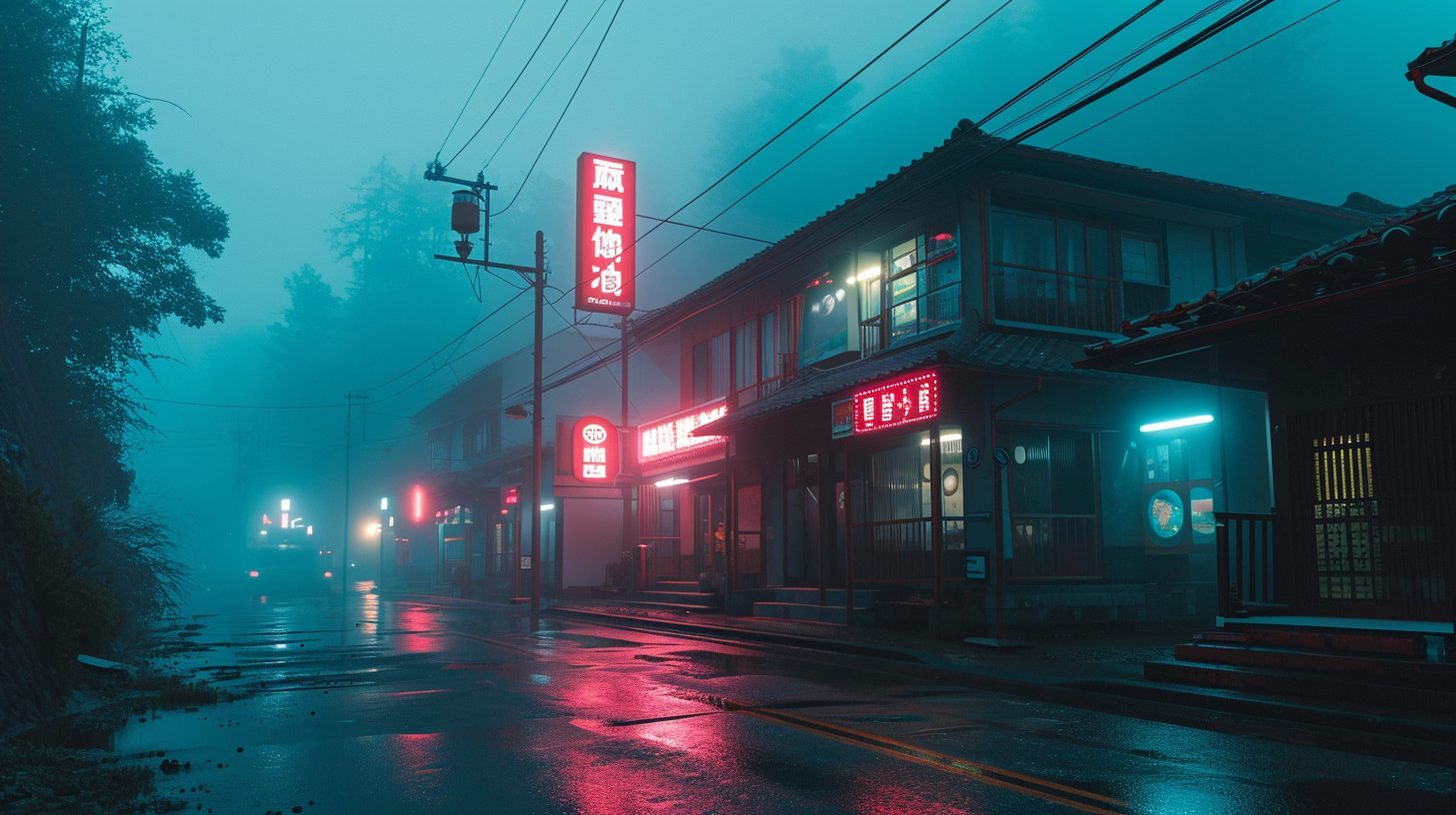 The Rural Houses in Japan with Neon Lights