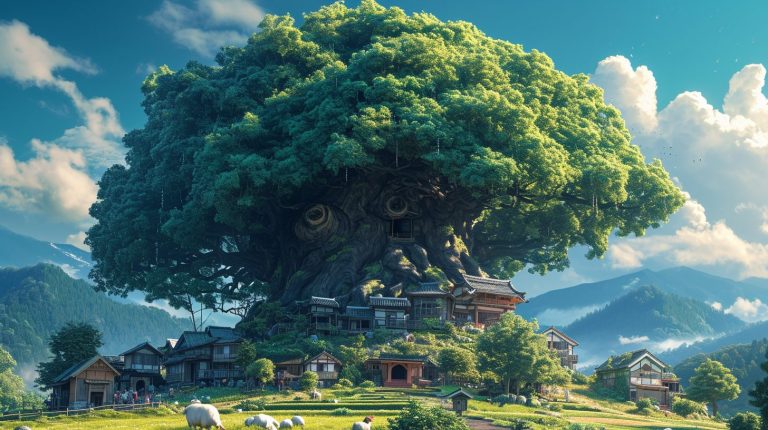 A Farm Village Under a Giant Tree