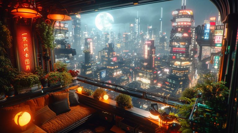 Apartment Balcony with a Cyberpunk City View