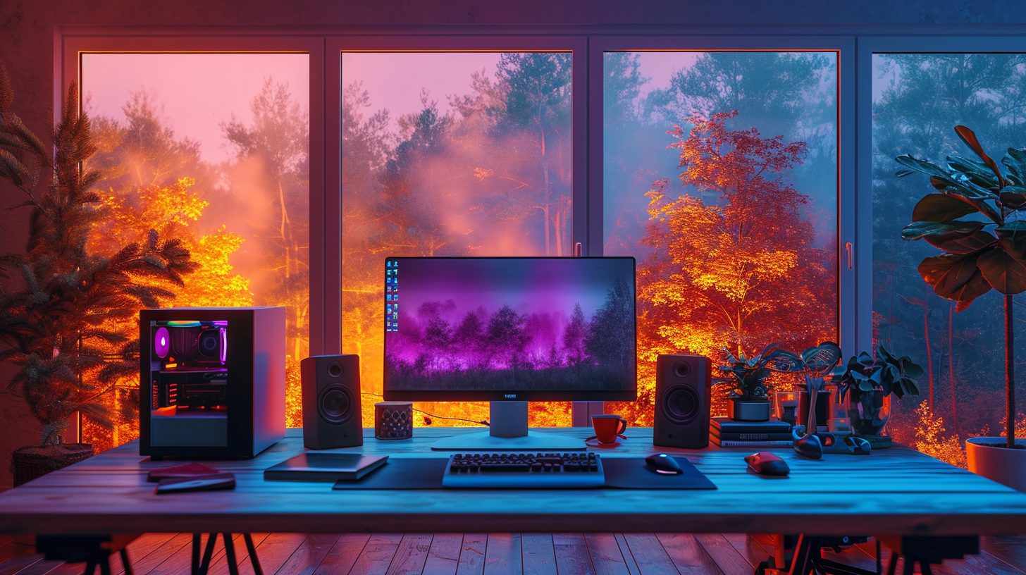 Computer Bedroom Interior with a Forest View – Cyberpunk Vibes